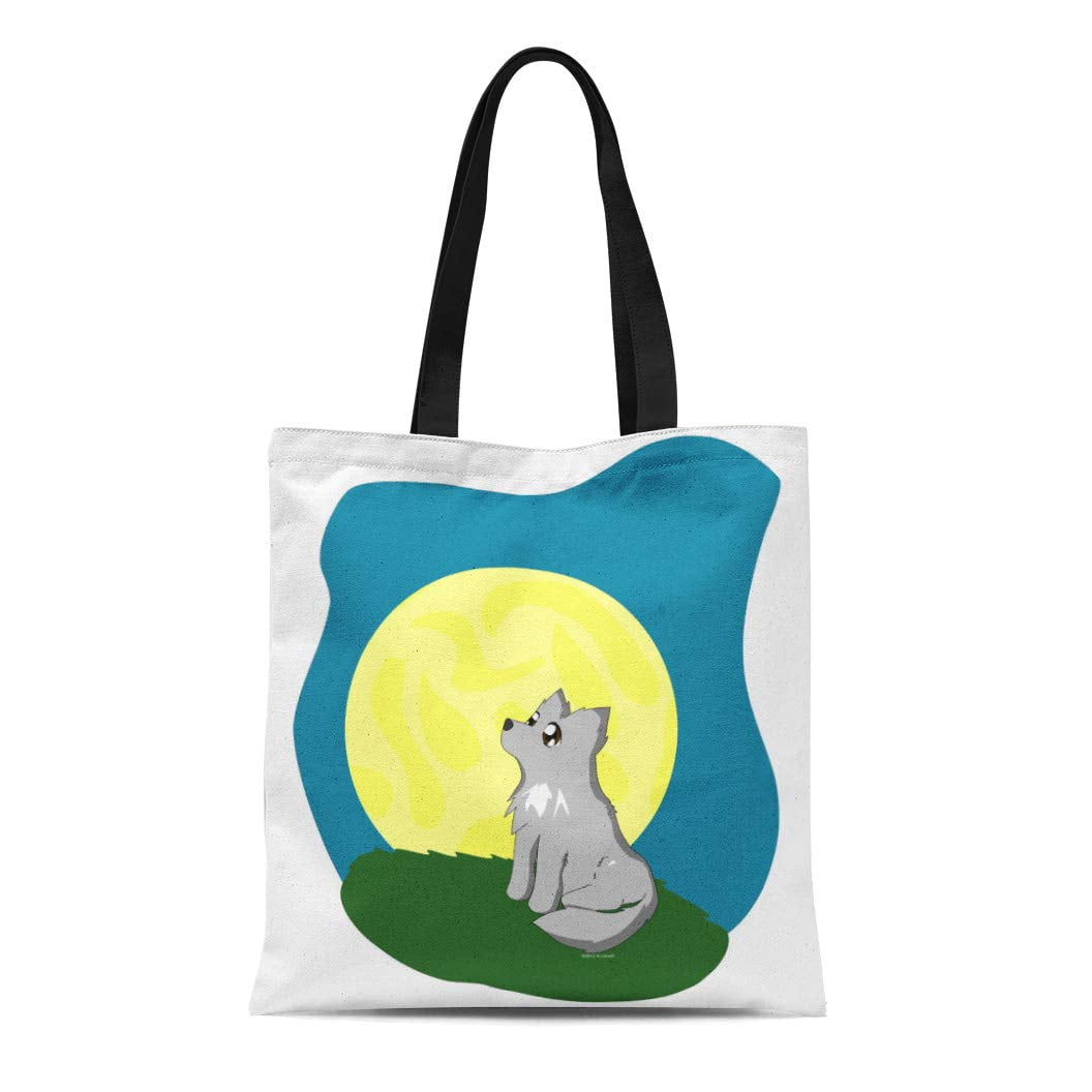 LADDKE Canvas Tote Bag Cartoon Soaring Cute Scruffy Wolf Moon Fuzzy ...