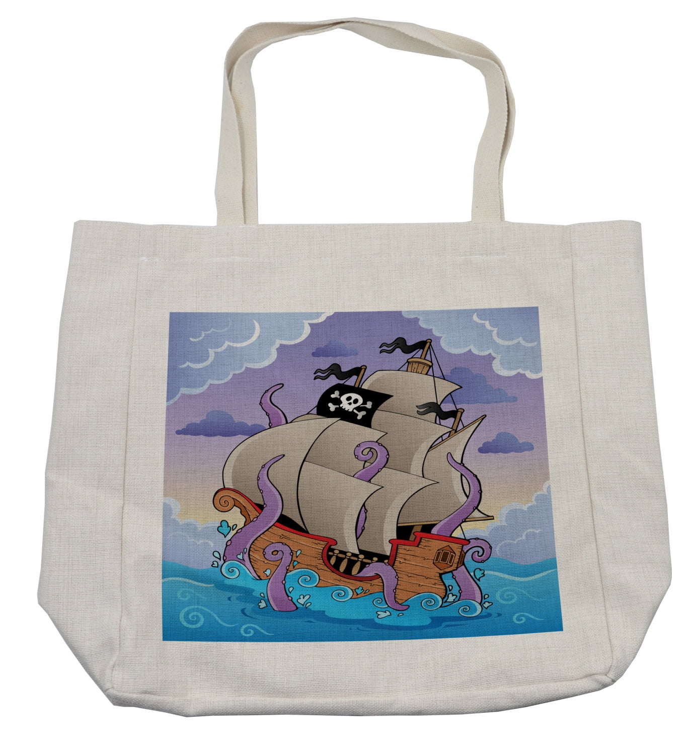 Octopus Shopping Bag, Cartoon Design of Tentacles Around Pirate Ship ...