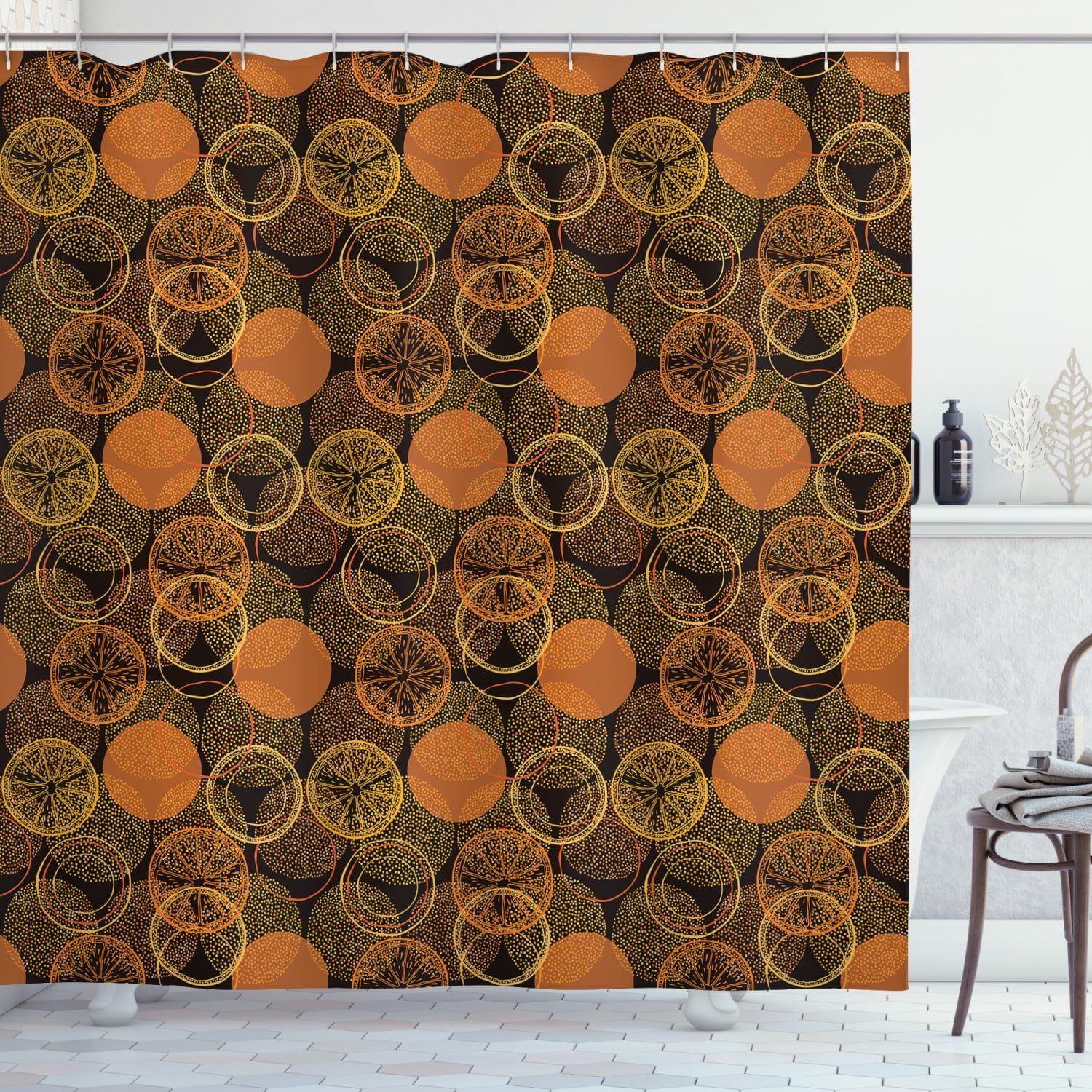 Tangerine Shower Curtain, Pattern of Dotwork Rounds and Outline Citrus ...