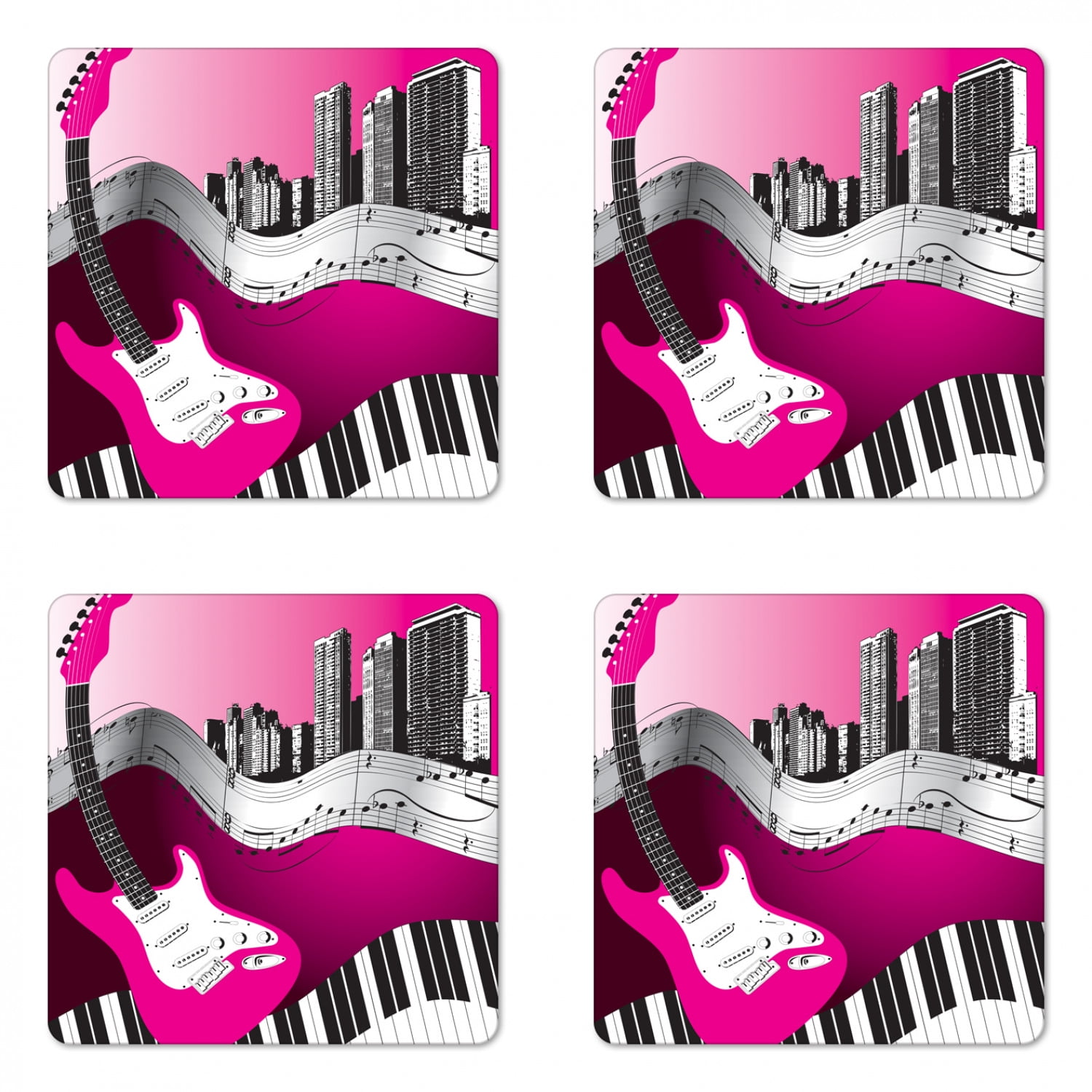Music Coaster Set of 4, Bass Guitar Keyboard Urban Rock Backdrop Rhythm ...
