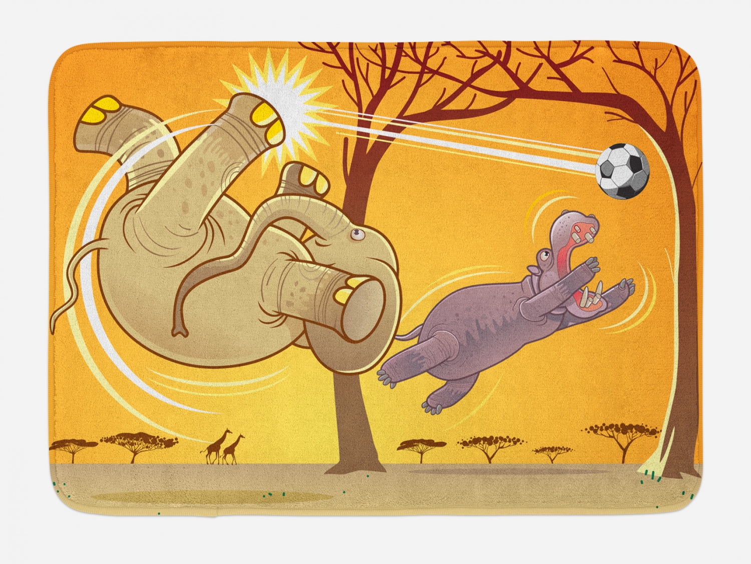 Elephant Bath Mat, Elephant and Hippo Playing Football Cartoon Print ...