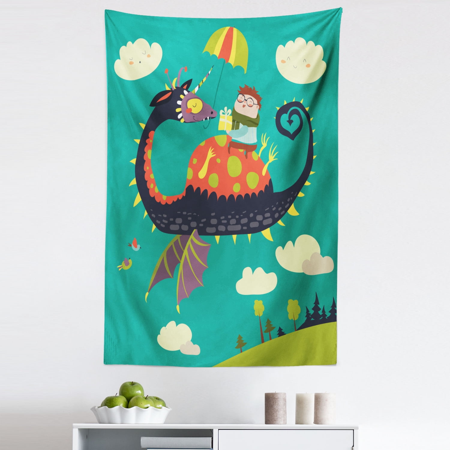 Cartoon Tapestry, Fantasy Theme Little Boy Riding a Dragon with Heart ...