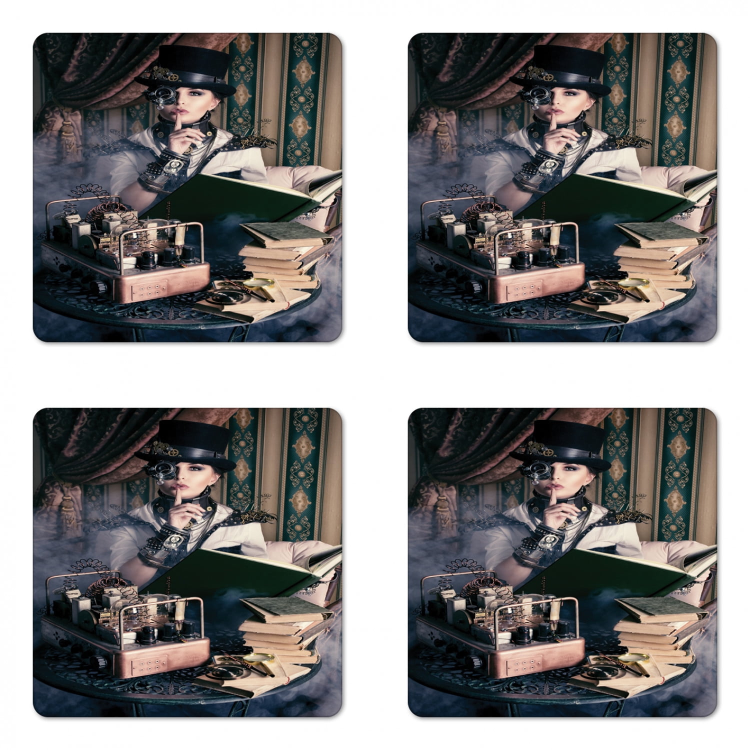 Gothic Coaster Set of 4, Portrait of Steampunk Woman with Medieval ...