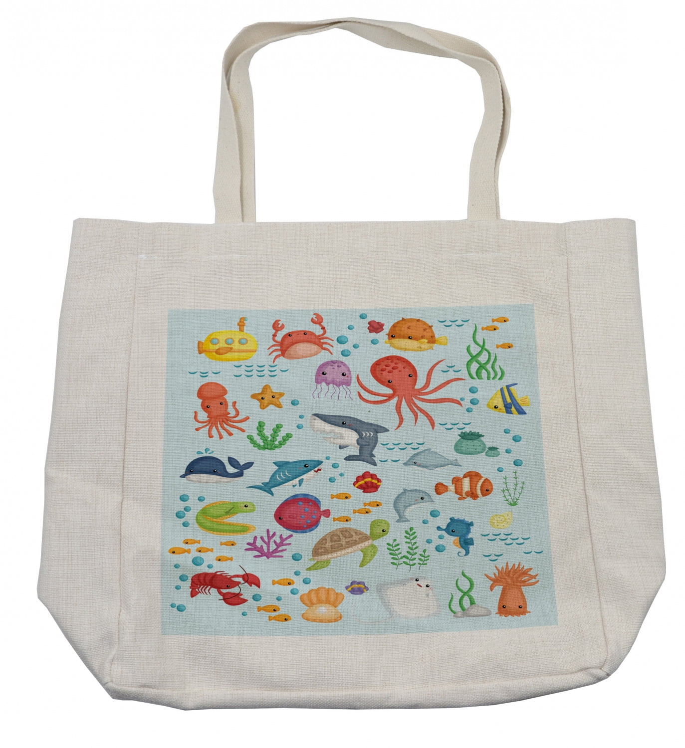 Marine Shopping Bag, Bunch of Sea Animals Submarine Crabs Squid Lobster ...