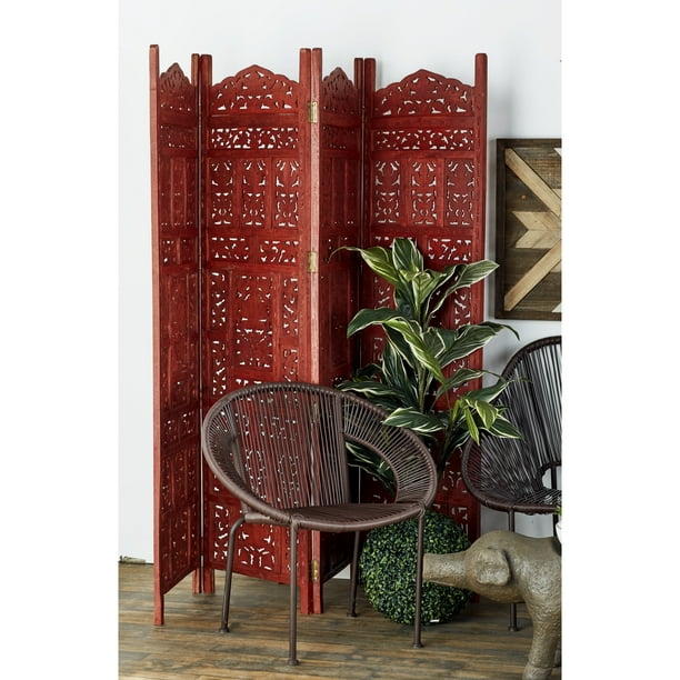 DecMode 80" x 72" Red Wood Floral Handmade Hinged Foldable Partition 4 ...
