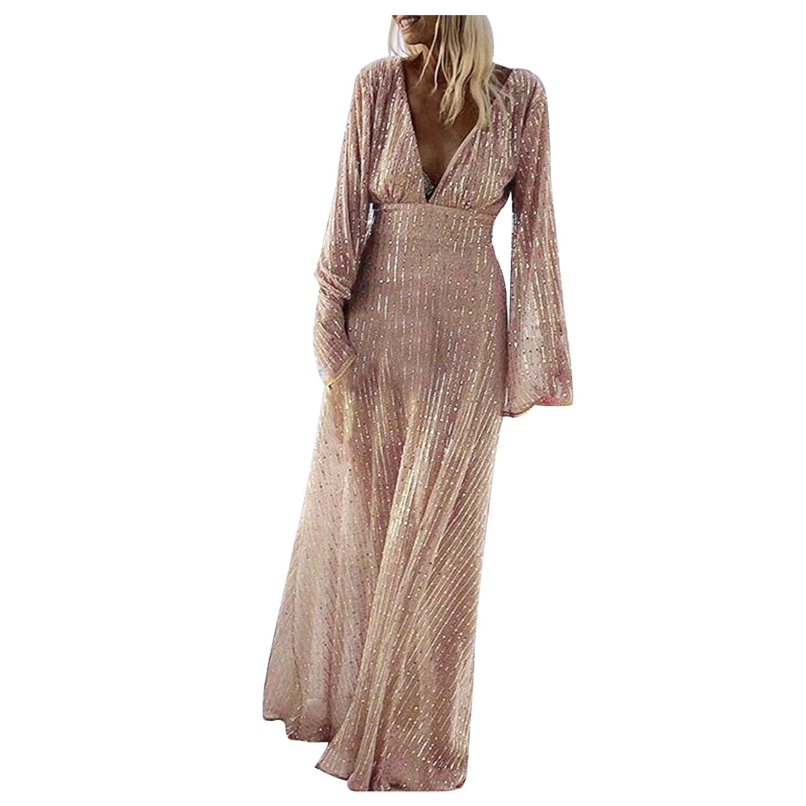 Hfyihgf Sequin Evening Maxi Dresses for Women Bell Long Sleeve Deep V ...