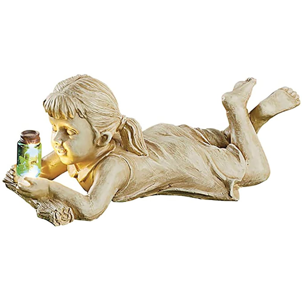 Boy and Girl Garden Statue with Solar Firefly Decoration Resin ...