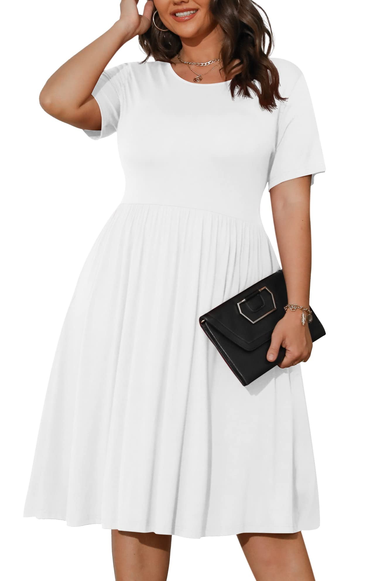 POSESHE Women's Plus Size Summer Dress, Short Sleeve Round-Neck Short ...