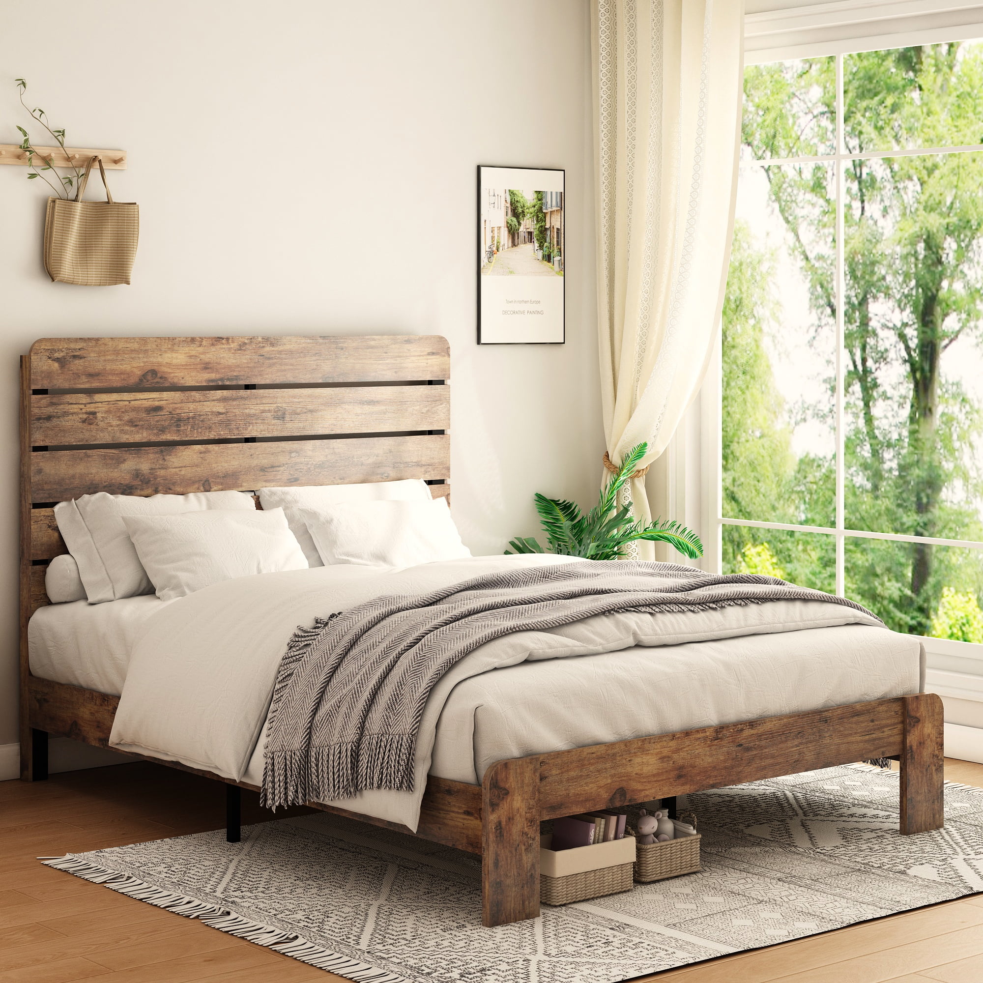 Miniyam Queen Size Wood Platform Bed with High Headboard for Adult Rustic Vintage Walmart