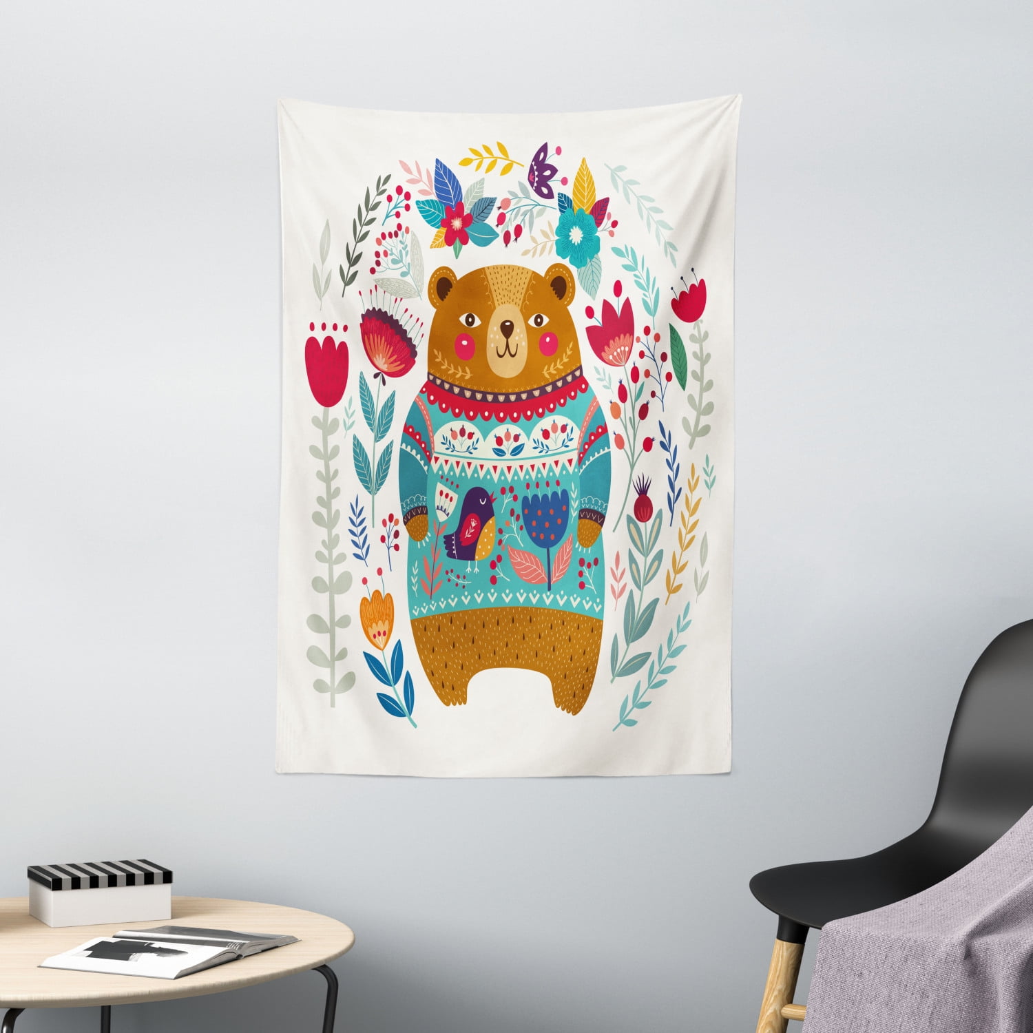 Bear Tapestry, Adorable Cartoon Figure with Flowers and Leaves Spring ...