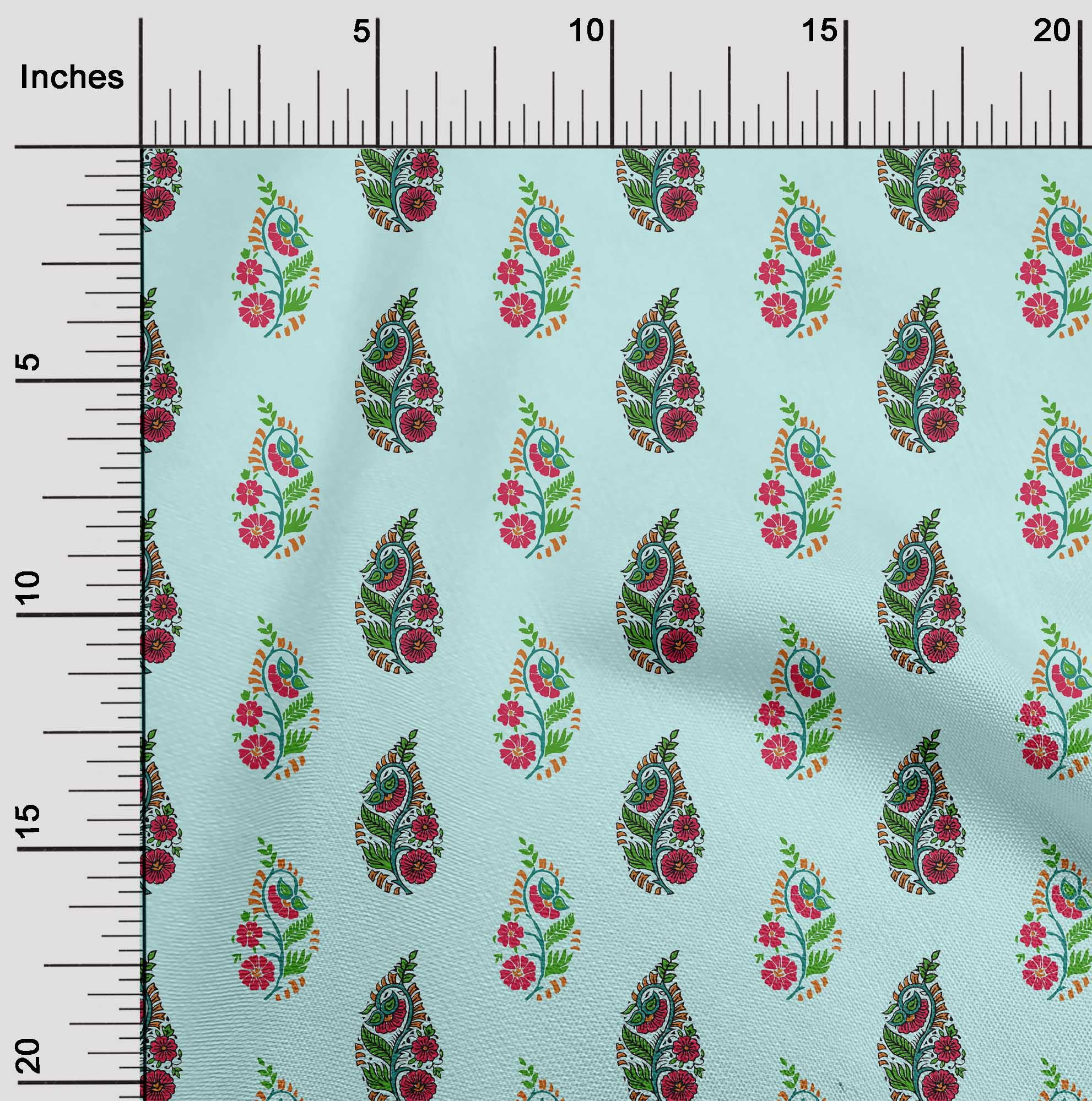 oneOone Silk Tabby Fabric Leaves & Floral Block Printed Fabric 1 Yard ...