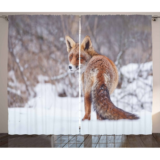 Fox Curtains 2 Panels Set, Countryside Snow Landscape Furry Wild Animal ...