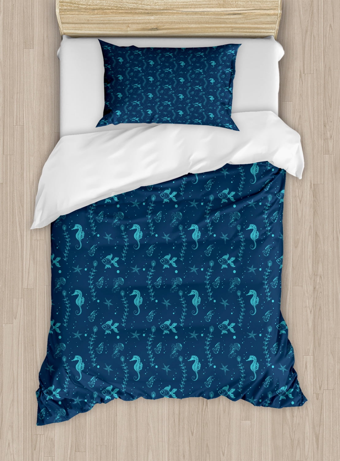 Underwater Twin Size Duvet Cover Set, Stylized Hand-Drawn Ocean ...