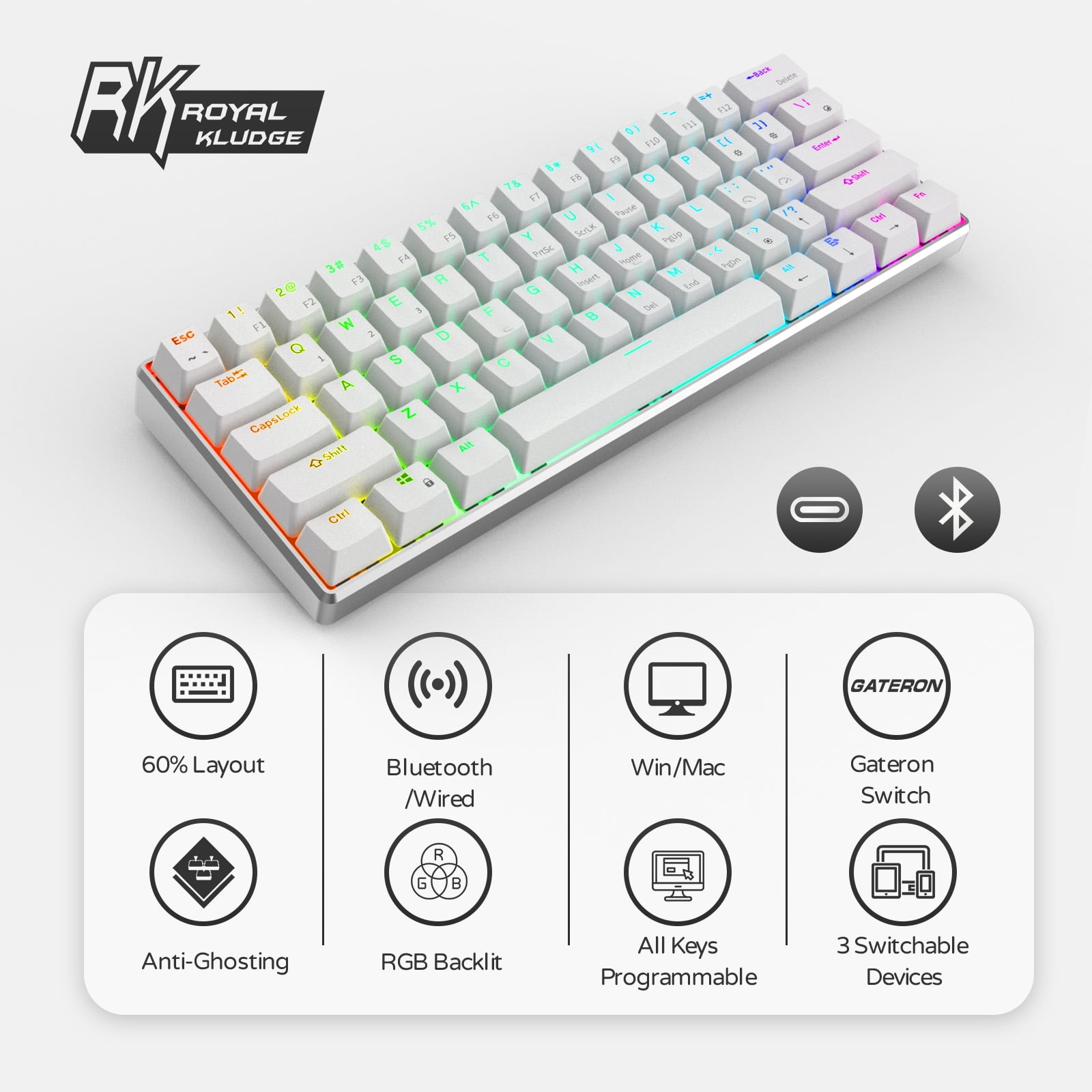 Buy Royal Kludge RK61 Pro White Mechanical Gaming Keyboard Bluetooth ...