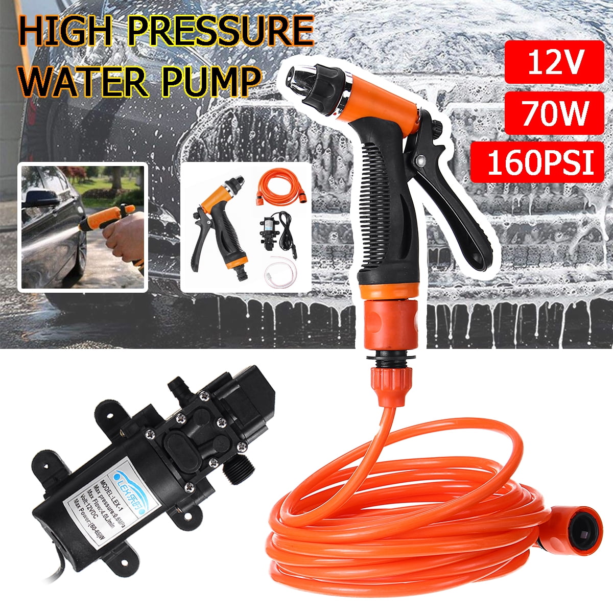 High Pressure Car Electric Washer Kit 160PSI Self-priming Wash Pump 12V ...