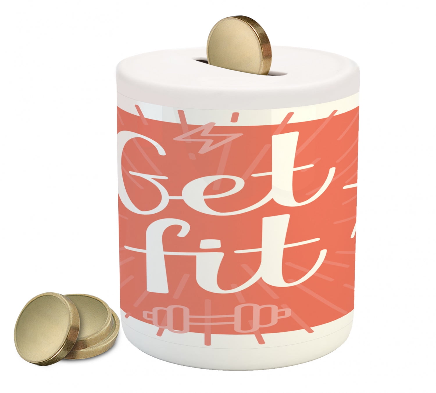 Fitness Piggy Bank, Get It Lettering with Bodybuilder Man Arms Biceps ...
