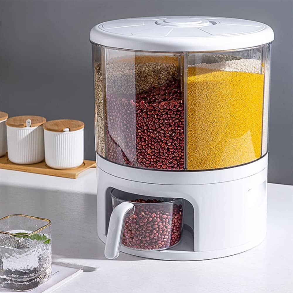 Miumaeov 360°Rotating Cereal Storage Container 6 Grid Dry Soybeans Rice ...