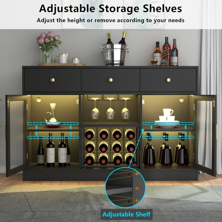 Auromie Wine Bar Cabinet with LED Light Home Coffee Cabinet with Wine and Glass Rack Kitchen Buffet Sideboard with Storage Drawers Adjustable Shelves Modern Liquor Cabinet with Glass Door Black