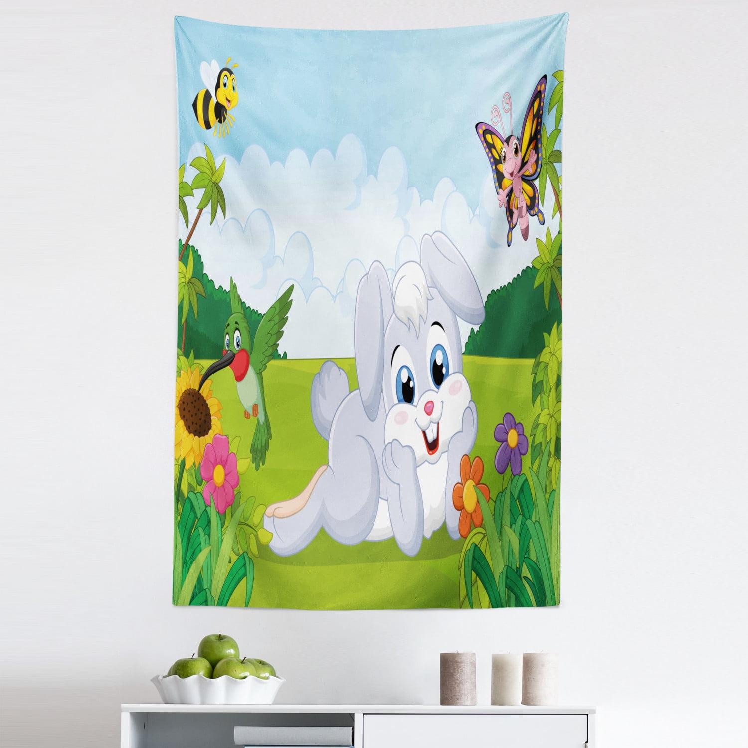 Rabbit Tapestry, Rodent on the Grass Bee and Butterfly Birds Flowers ...