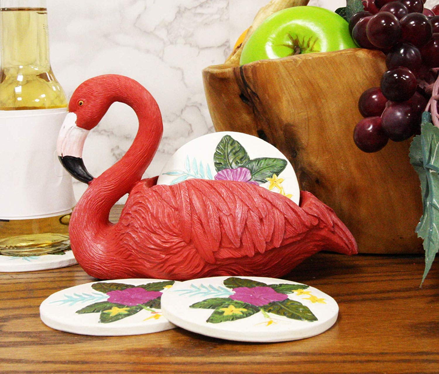 Ebros Birds of Paradise Pink Flamingo Coaster Holder Set with 4 ...