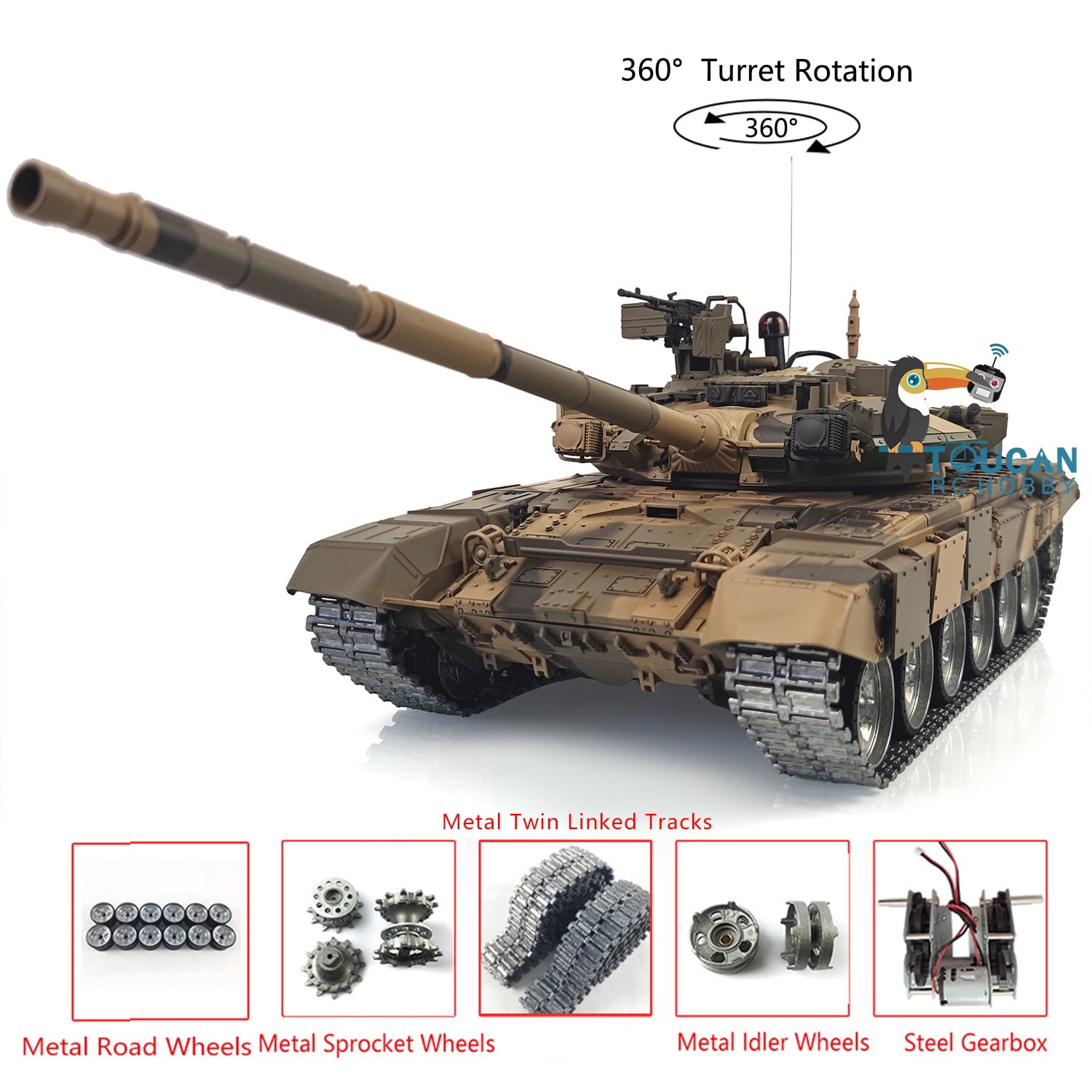 1/16 Henglong TK7.0 BB IR Russia T90 RTR RC Tank 3938 Metal Tracks Wheels Driving Gearbox 360 ...
