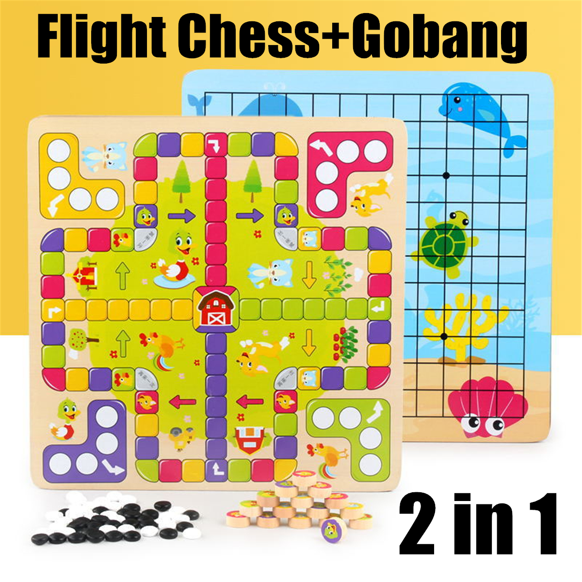 2 in 1 Traditional Wooden Snakes &Ladders Gobang Flight Chess Board ...