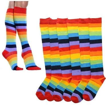 3 Pairs Neon Rainbow Stripe Knee High Socks Size 9-11 Fashion Bright ...