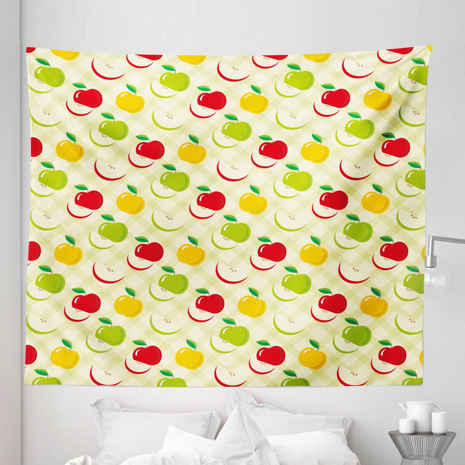 Fruits Tapestry, Diagonal Checkered Pattern with Apples and Slices ...
