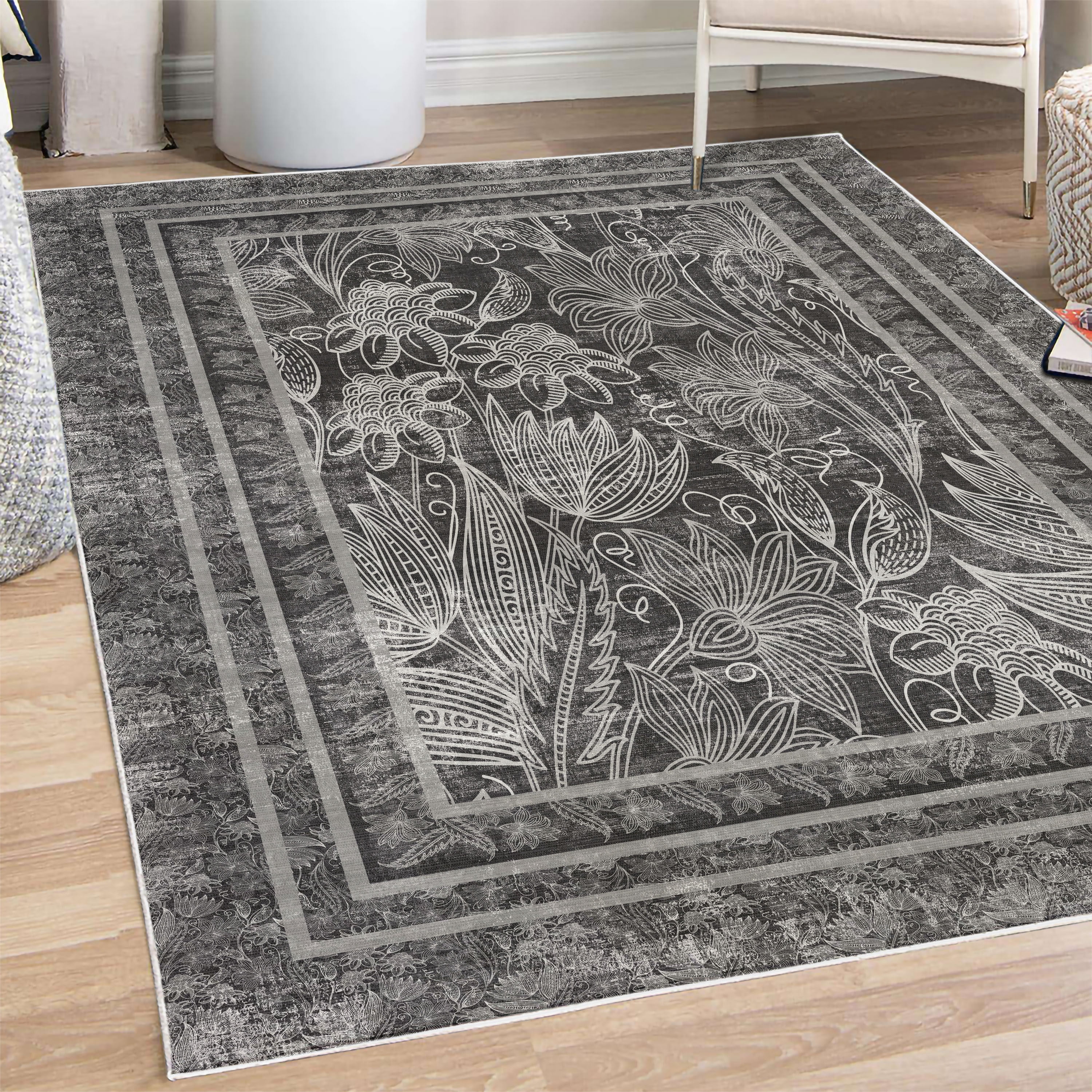 Garden Art Decorative Rug, Line Art Flowers Wild Meadow Blooms Nature ...