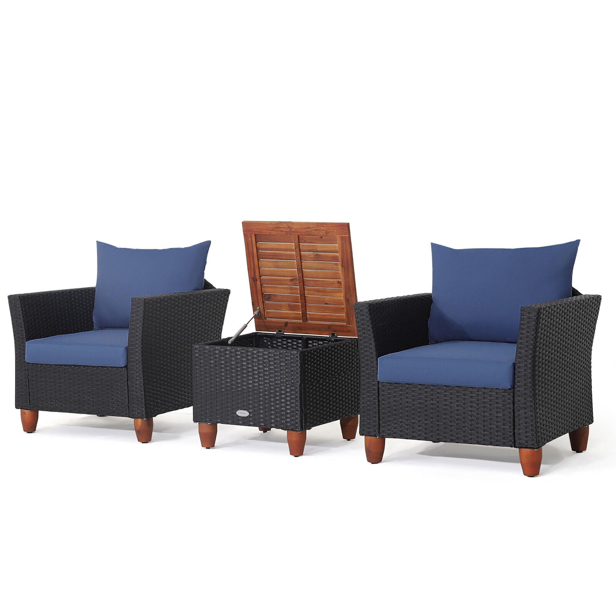 Gymax 3pcs Patio Rattan Conversation Set Outdoor Furniture Set W/ Navy Cushions