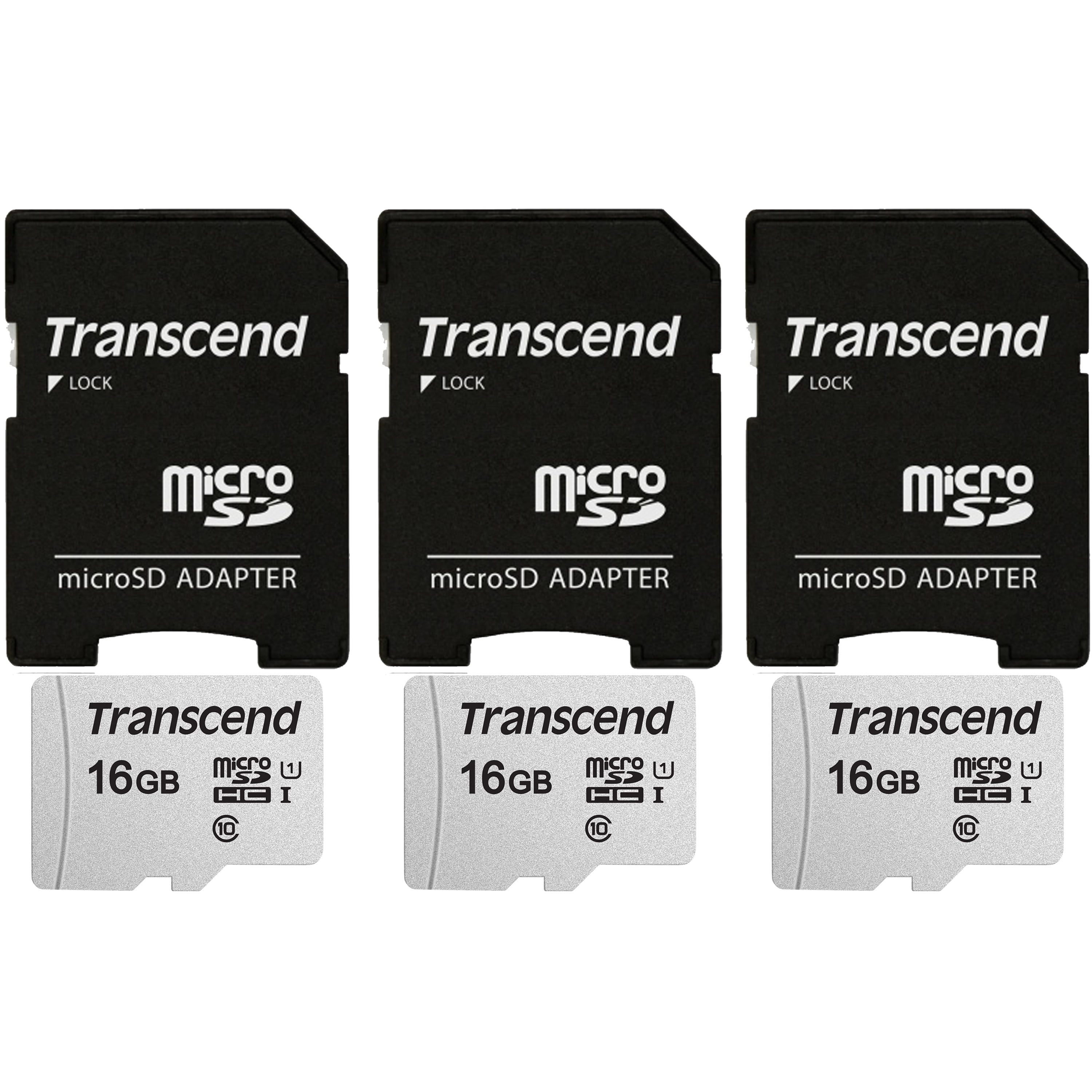 3 Packs Transcend 16GB MicroSD 300s 95MB/s Class 10 Micro SDHC Memory Card with SD Adapter ...