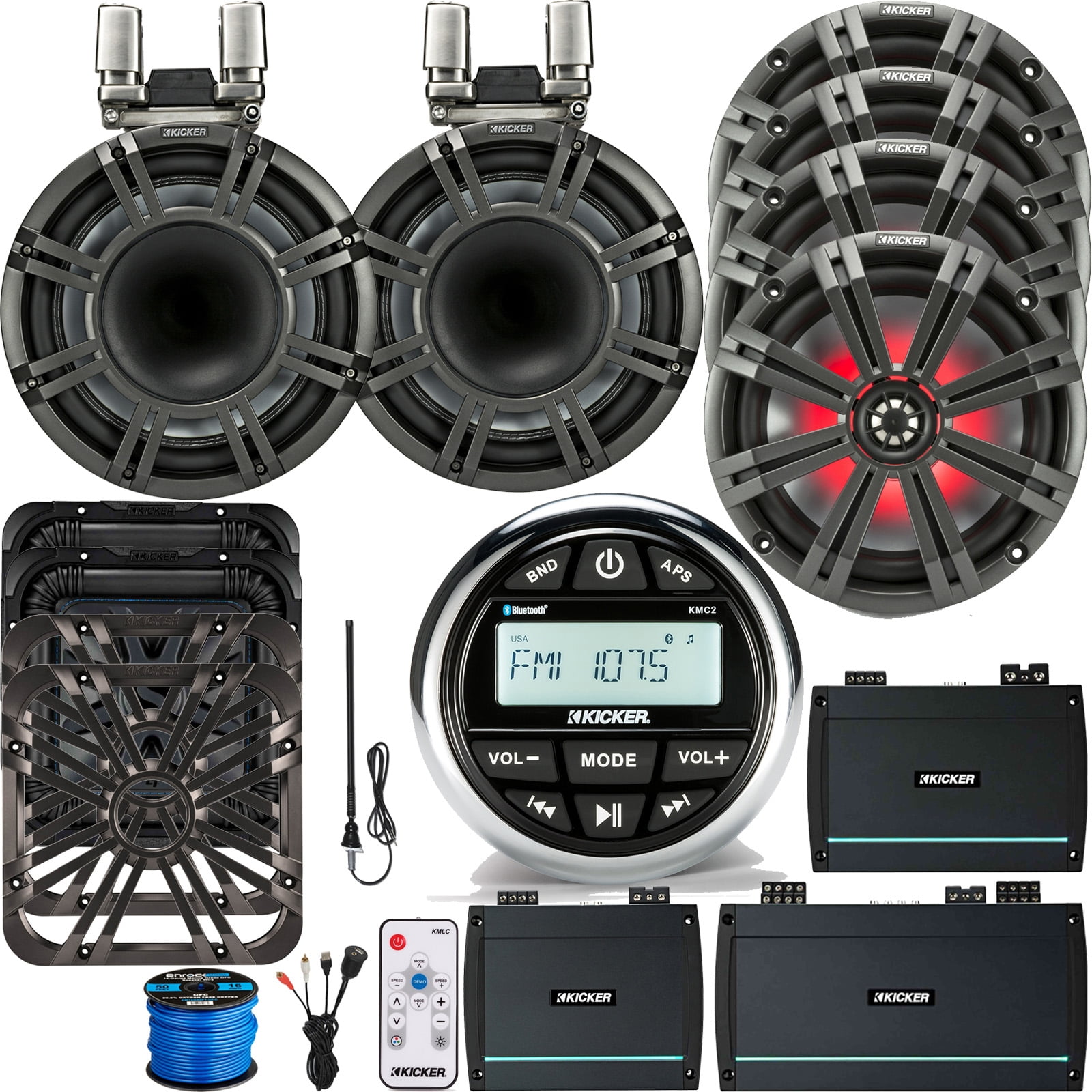 Kicker KMC2 Gauge-Mount Receiver, 4 x 8" Coax LED Speakers w/ 2x 10 ...