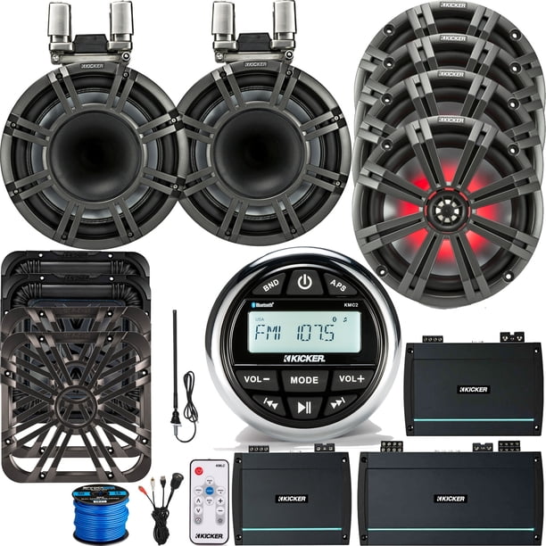 Kicker KMC2 Gauge-Mount Receiver, 4 x 8" Coax LED Speakers w/ 2x 10 ...