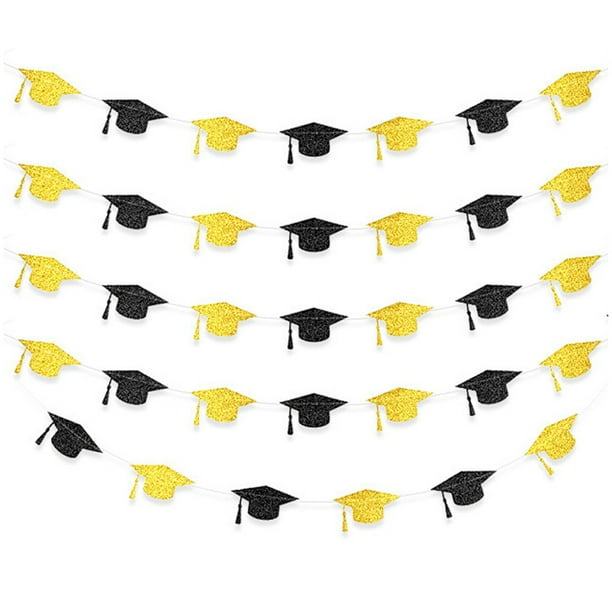 2-Sets Graduation Banner, Gold Black Glitter Graduation Cap Banner for ...