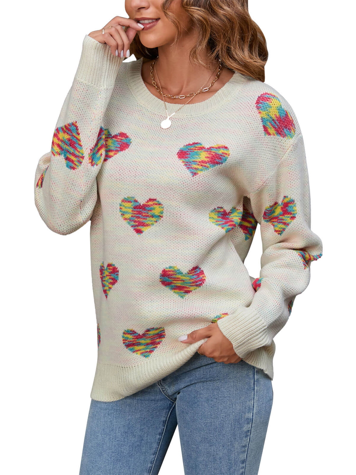 Multitrust Women Long Sleeve Knitted Sweater, Round Collar Colorful ...