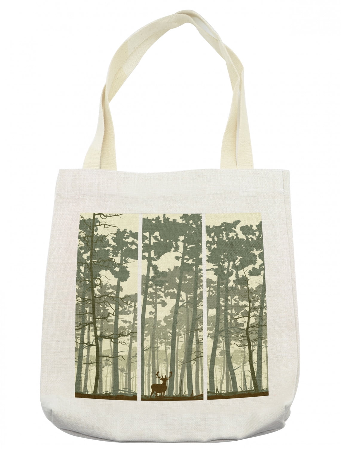 Forest Tote Bag, Vertical Stripes with Tall Trees and Lonely Deer ...
