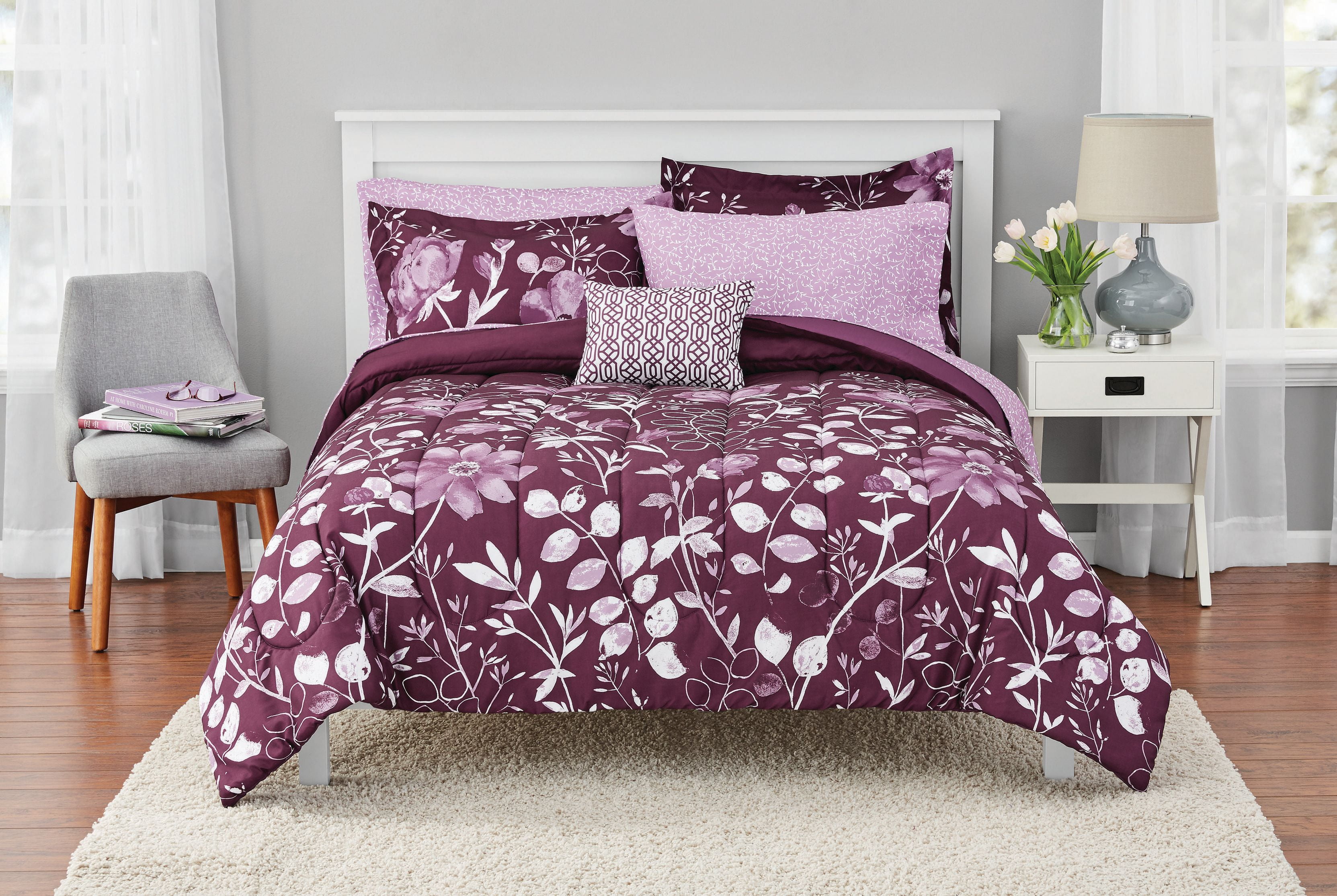 Mainstays Kamala Bed in a Bag Coordinating Bedding, Purple, Full ...