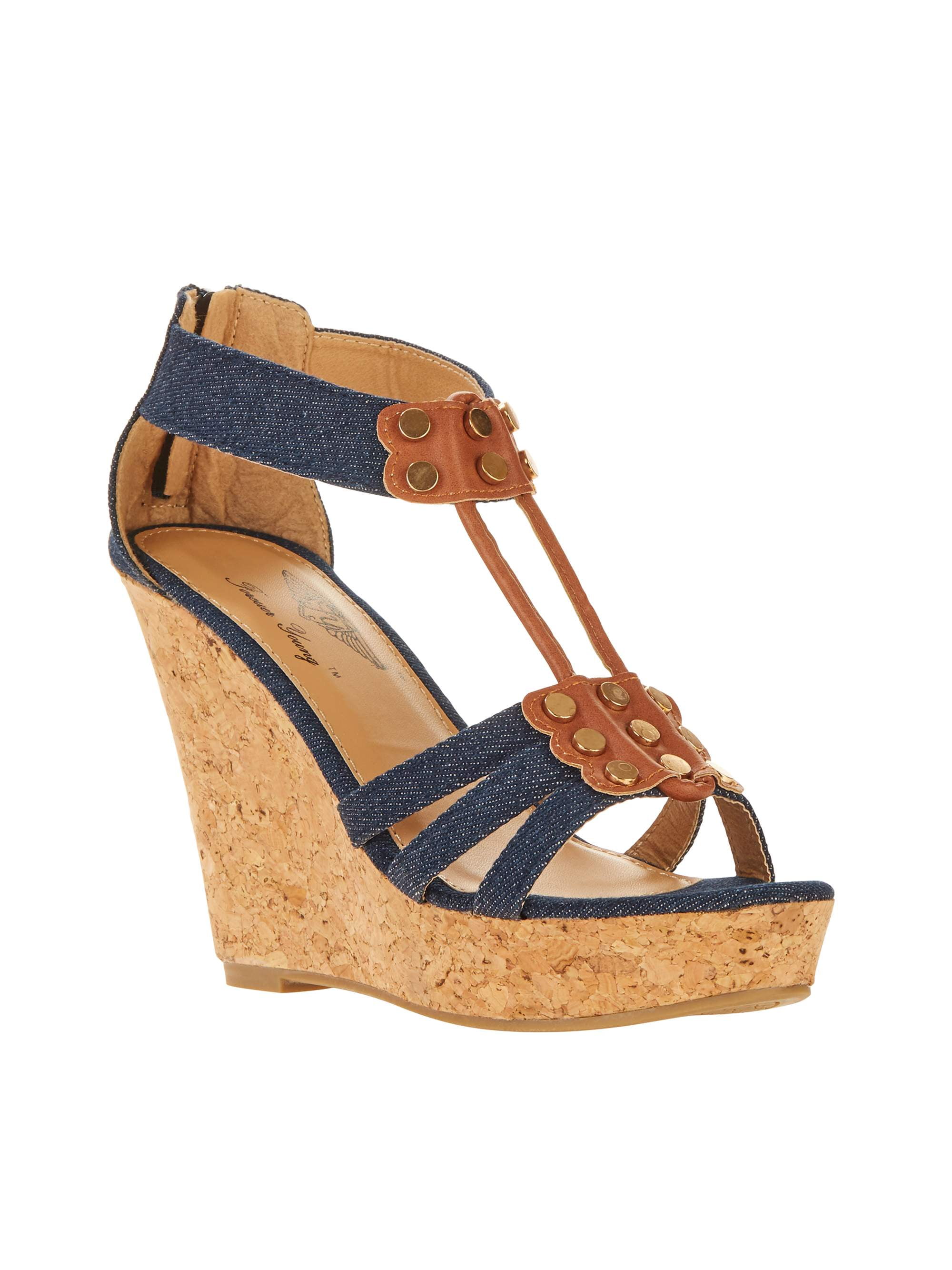 Forever Young Women's Denim T-Strap Wedges With Studded Embellishments ...