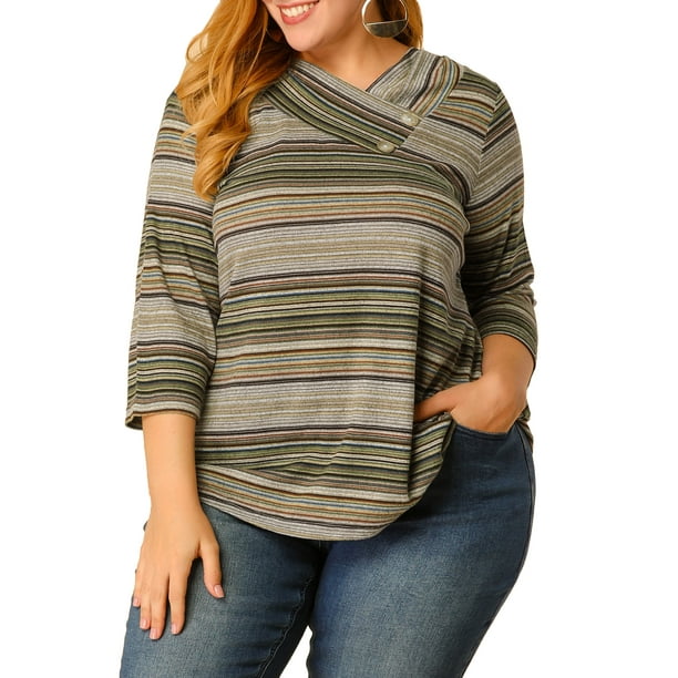 Unique Bargains Unique Bargains Womens Plus Size V Neck Stripe Boho