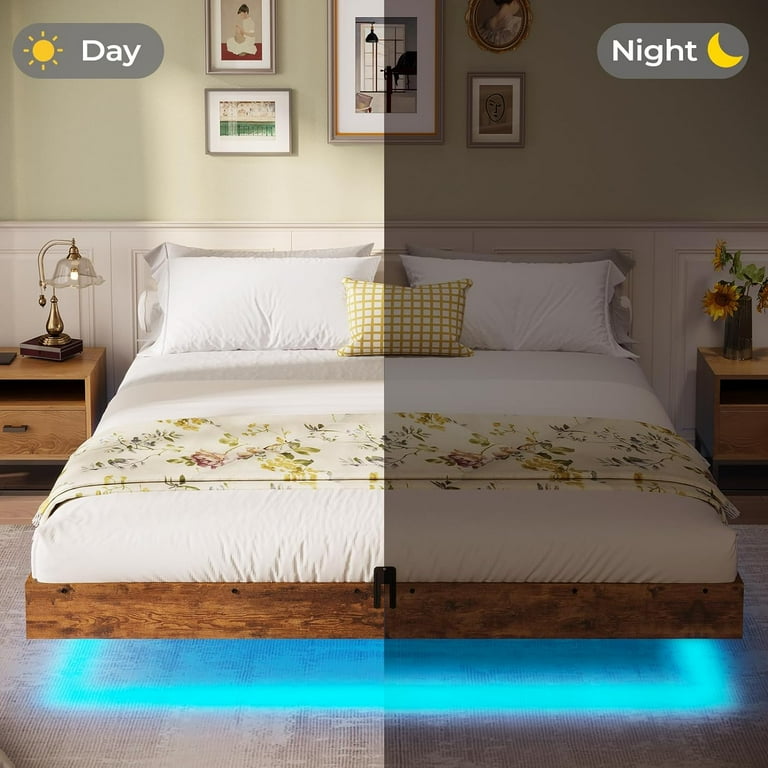 Floating Bed Frame Full Size with LED Lights Morden Full Metal Platform Bed Solid and Stable Noise Free No Box Spring Needed Brown Gray