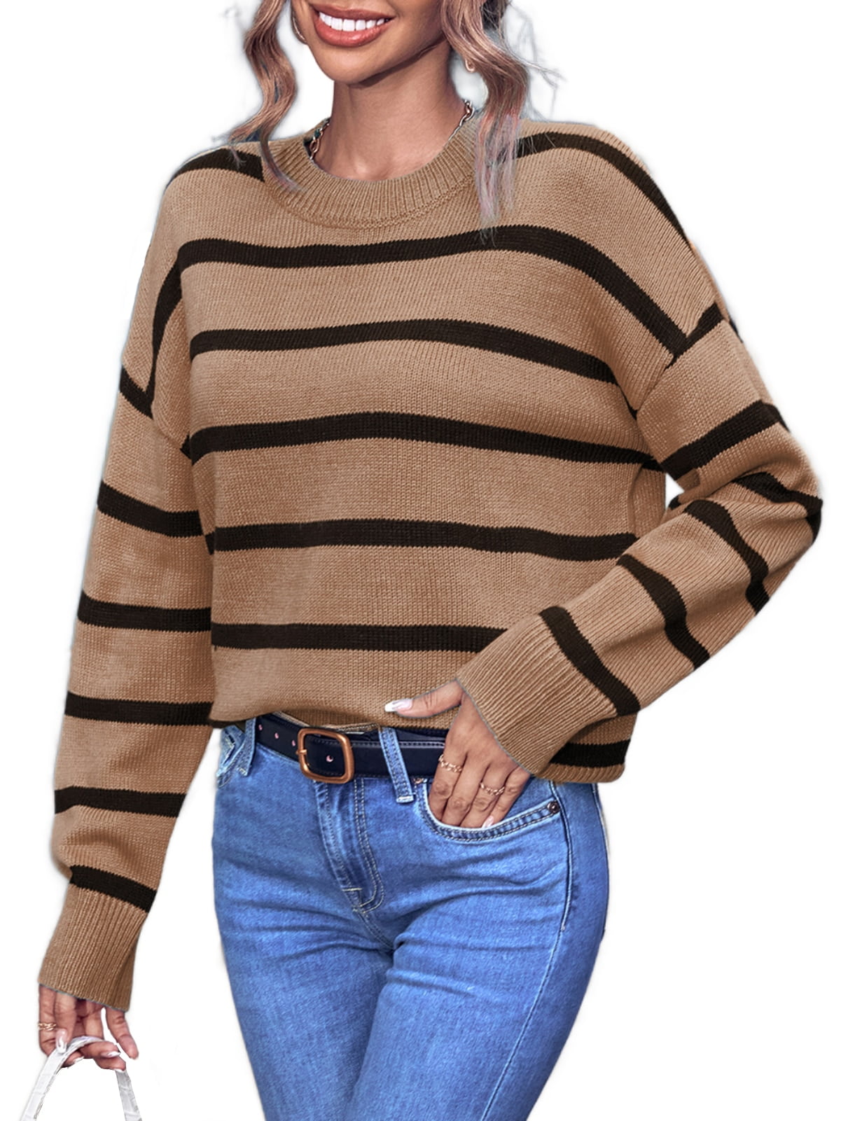 WIPONKEN Brown Vintage Sweaters Striped Sweaters for Women Pullover ...