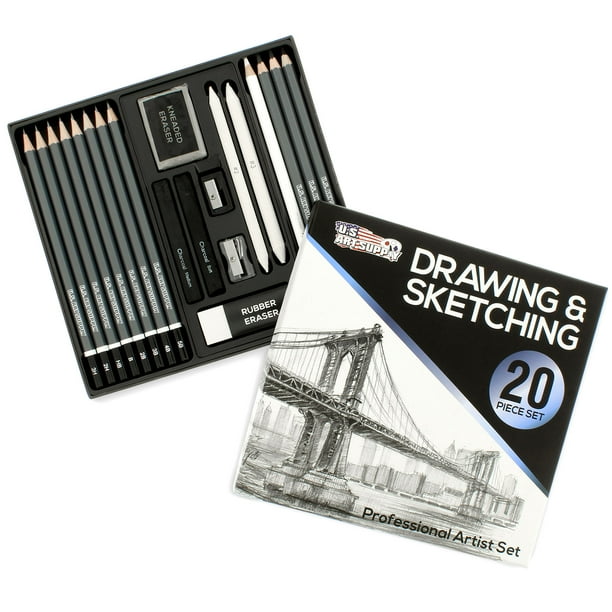 20 Piece Artist Drawing & Sketching Set with Pencils, Charcoal, Stumps ...