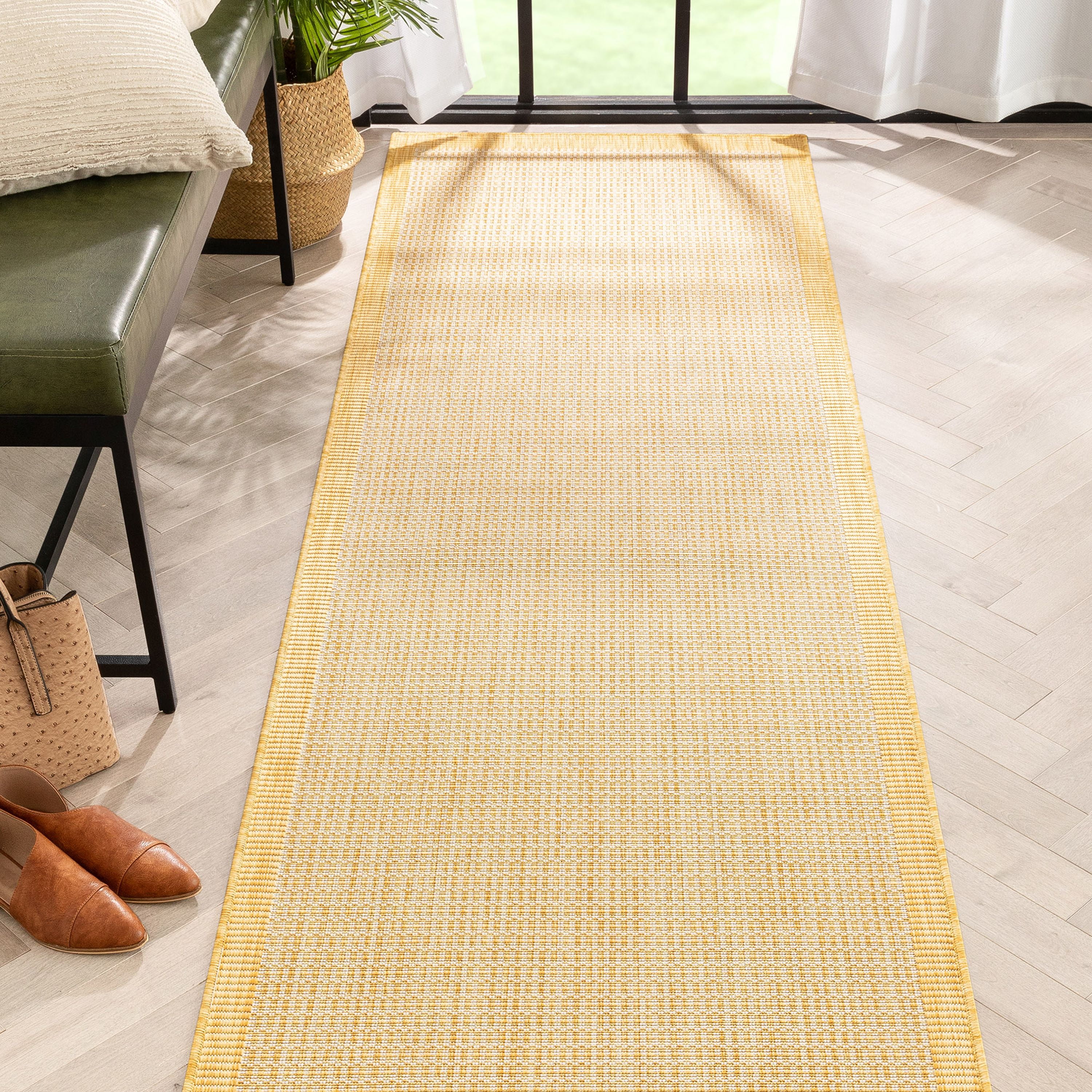 Well Woven Woden Yellow Indoor/Outdoor Solid Color Border Runner Rug ...