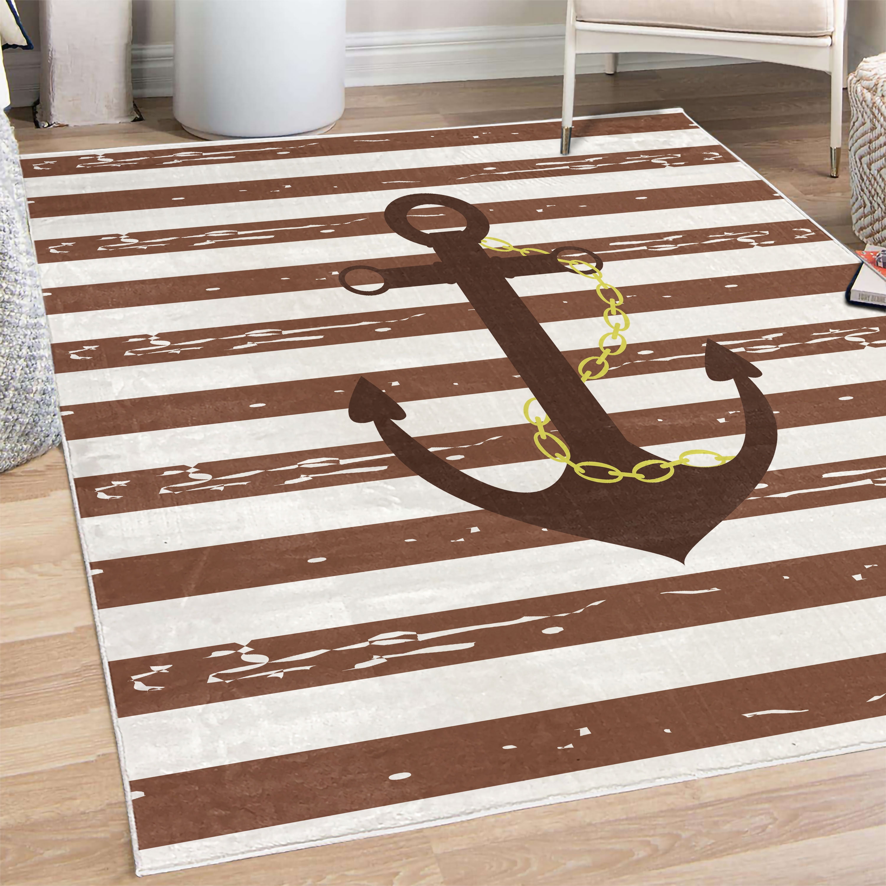 Striped Decorative Rug, Ship Anchor Chain Marine Life Inspired Lines ...