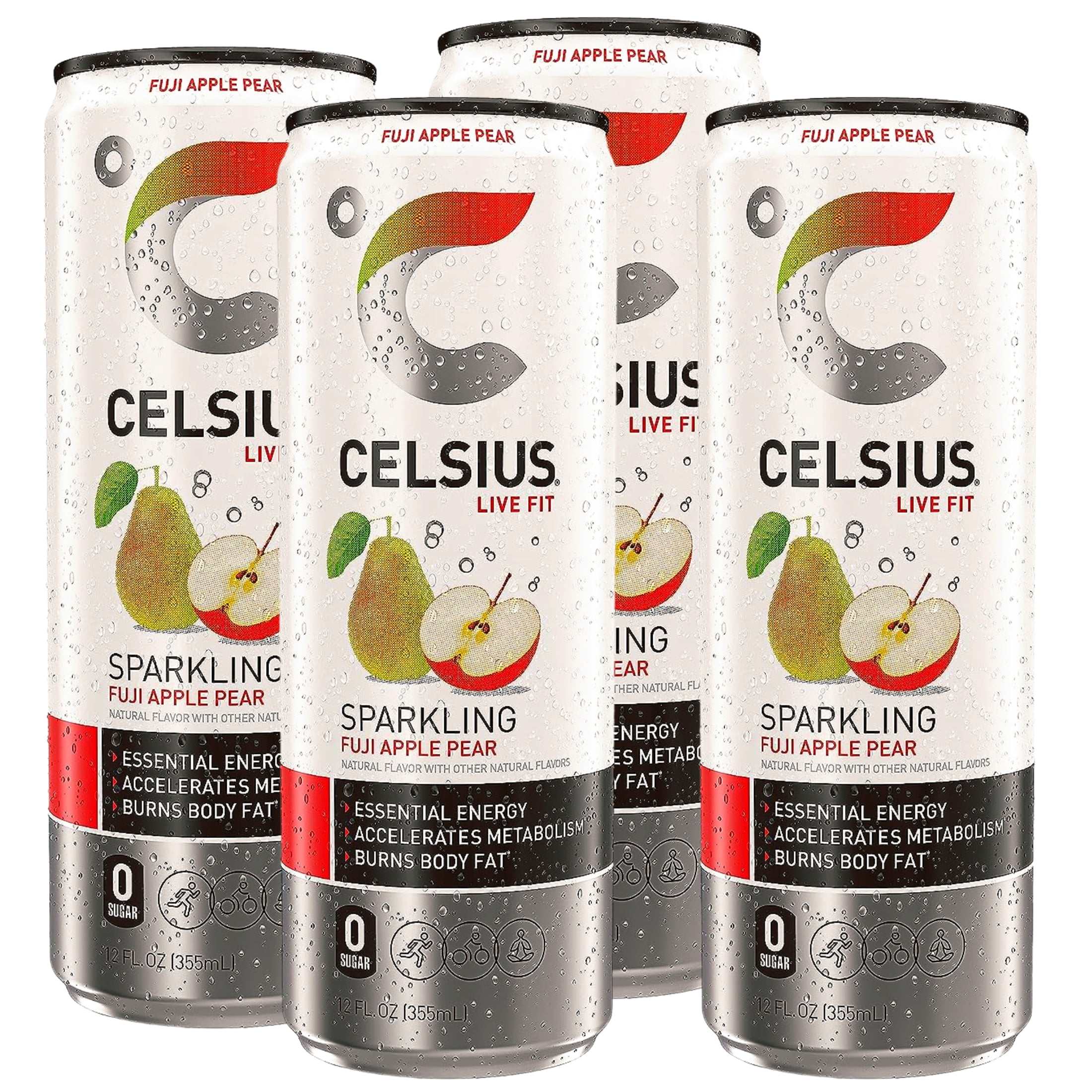 (4) Celsius Sparkling Fuji Apple Pear, Functional Essential Energy Drinks 12 Fl Oz No Sugar ...
