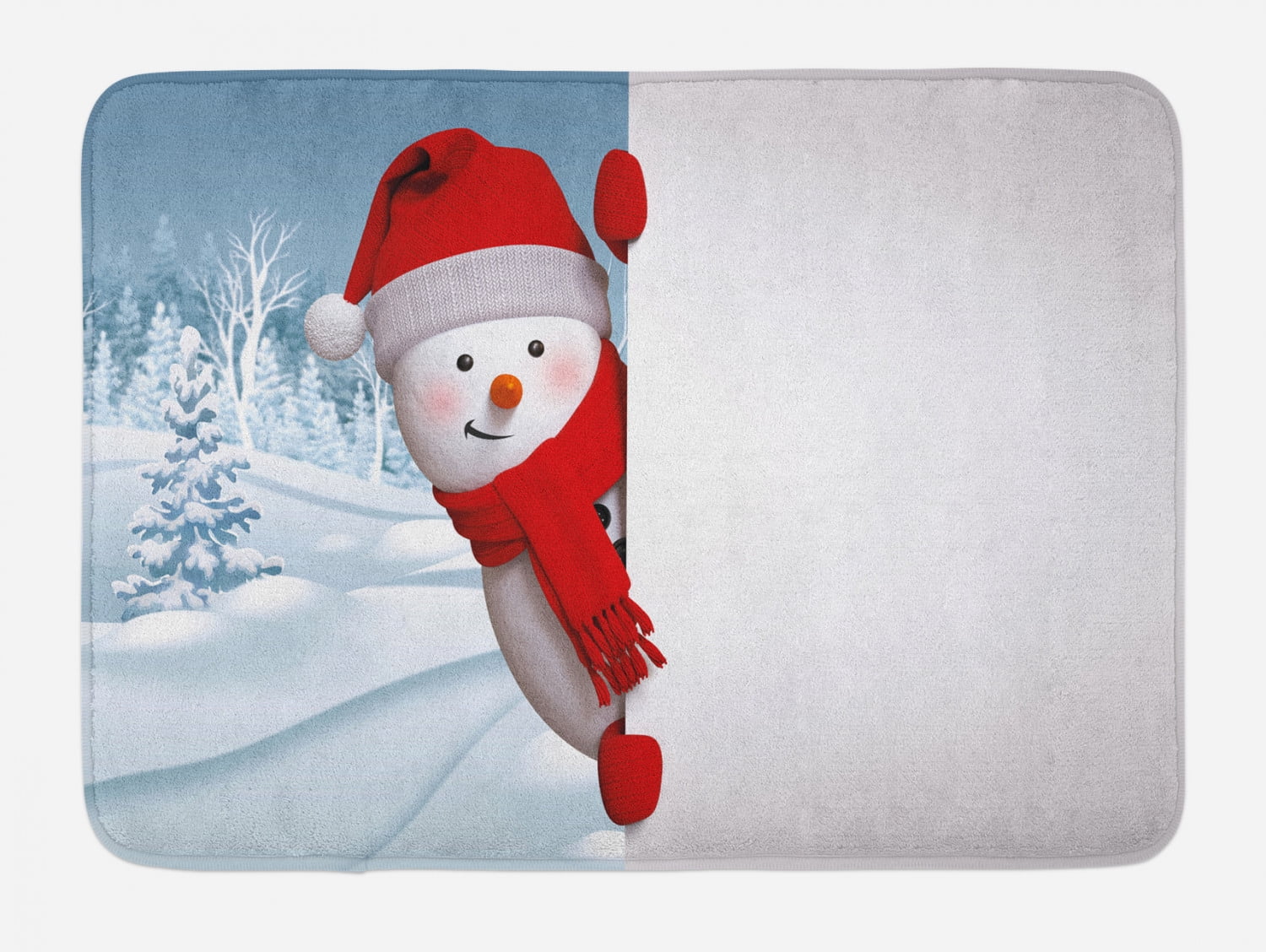 Snowman Bath Mat, Funny Peeking Character with Snow Covered Fir ...