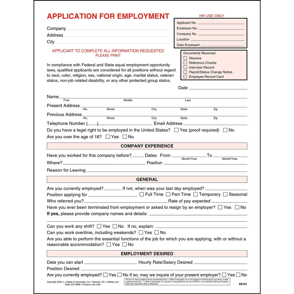 Application for Employment Form, 8.5 x 11 , 25 Pack - Walmart.com