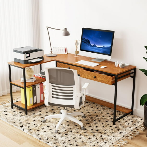 Tribesigns L Shaped Desk with 2 Drawers, 59” Reversible Computer Desk ...