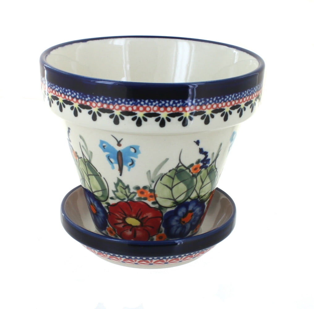 Blue Rose Polish Pottery Floral Butterfly Small Flower Pot - Walmart.com