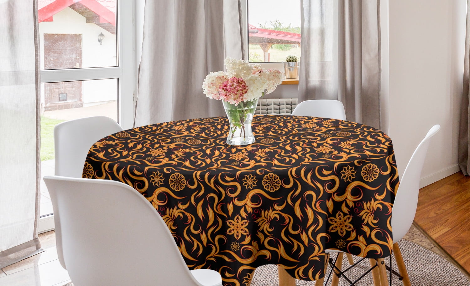 Abstract Round Tablecloth, Swirl Ornament Flame Patterns Elements of ...